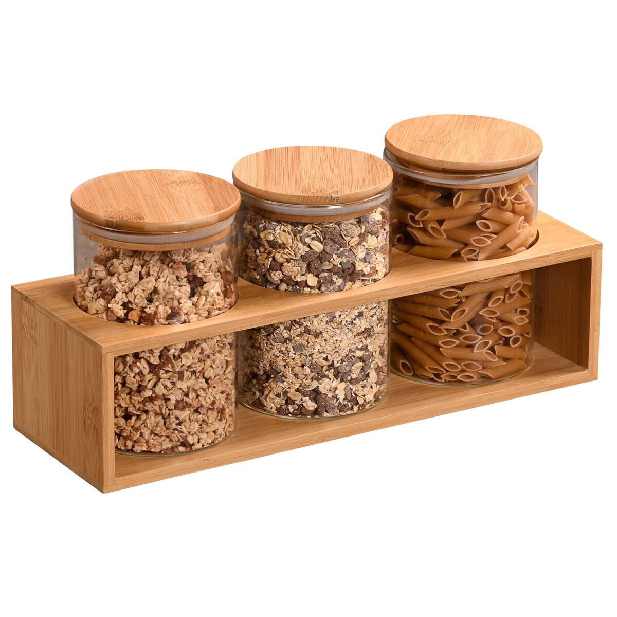 Słoiki do przechowywania na bambusowej półce, hermetyczne zamknięcie, 3 ...