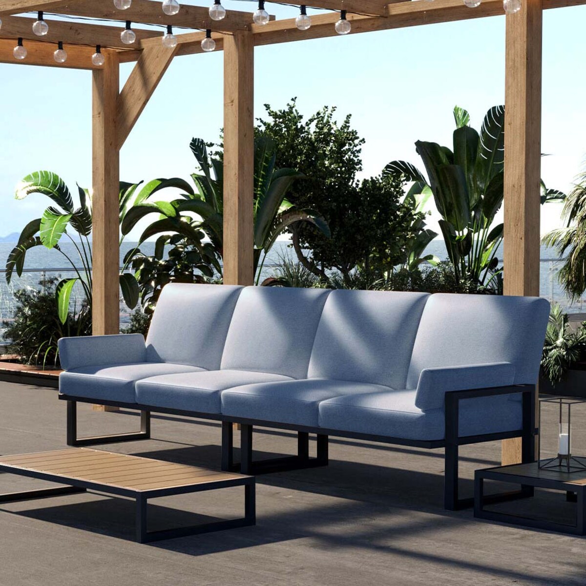 Canapé 4 places Soledo Bleu clair - Cadre anthracite | home&you