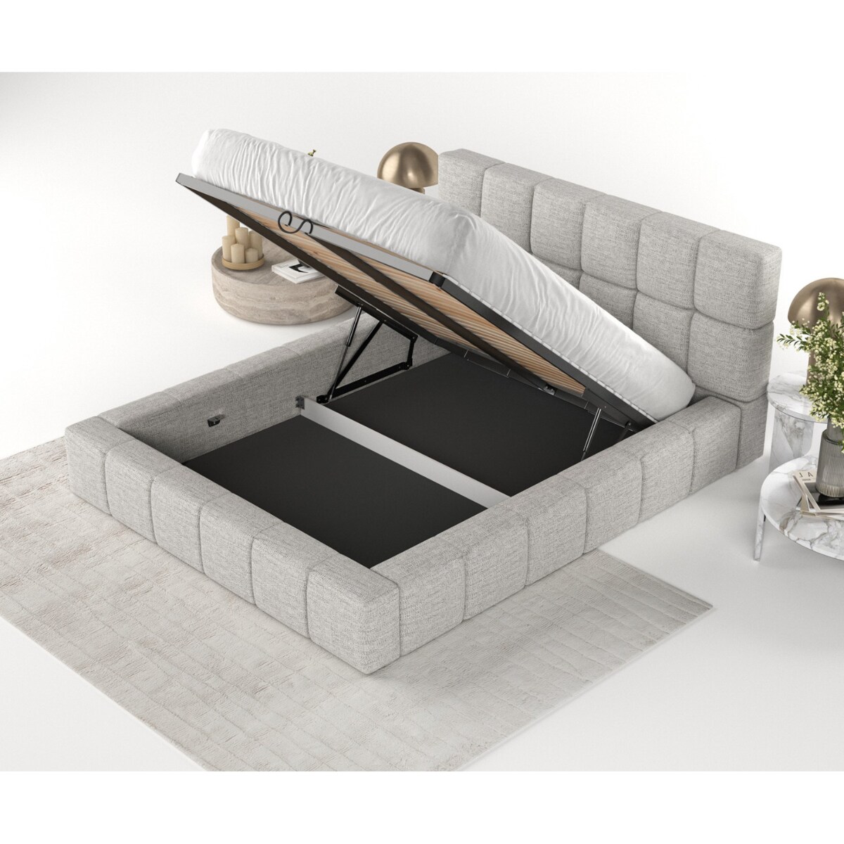 Łóżko tapicerowane PAROS 160x200 z pojemnikiem, Jasny Szary, tkanina ...