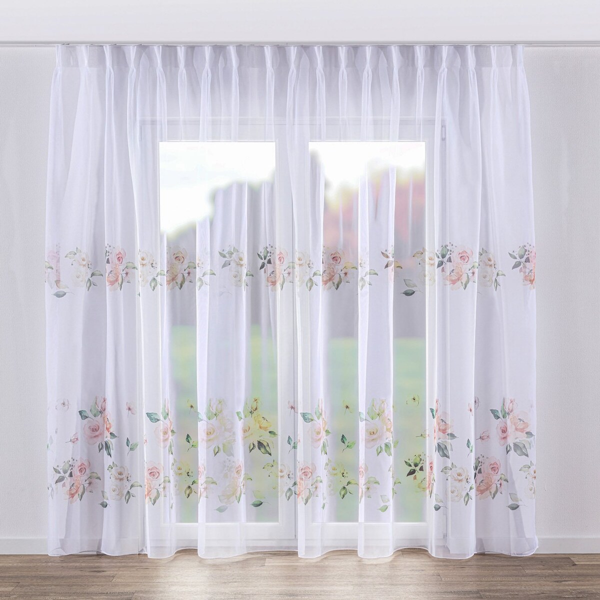 Firana na haczykach flex podwójnych, biały w róże, Woale i firany ...