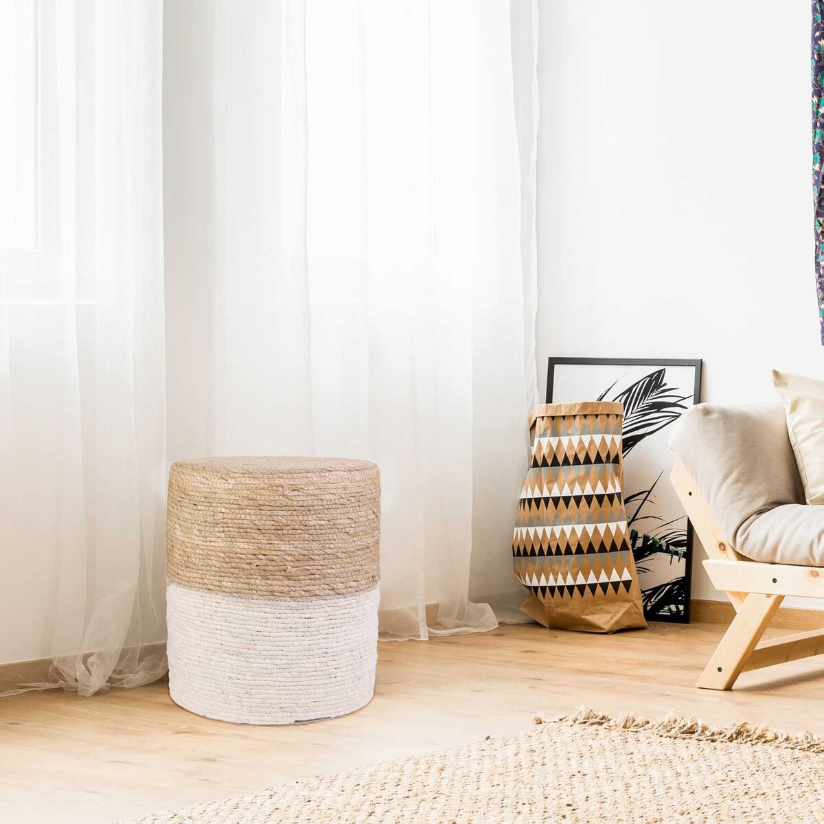 Pufa Bolsa naturalna/ biała boho | home&you