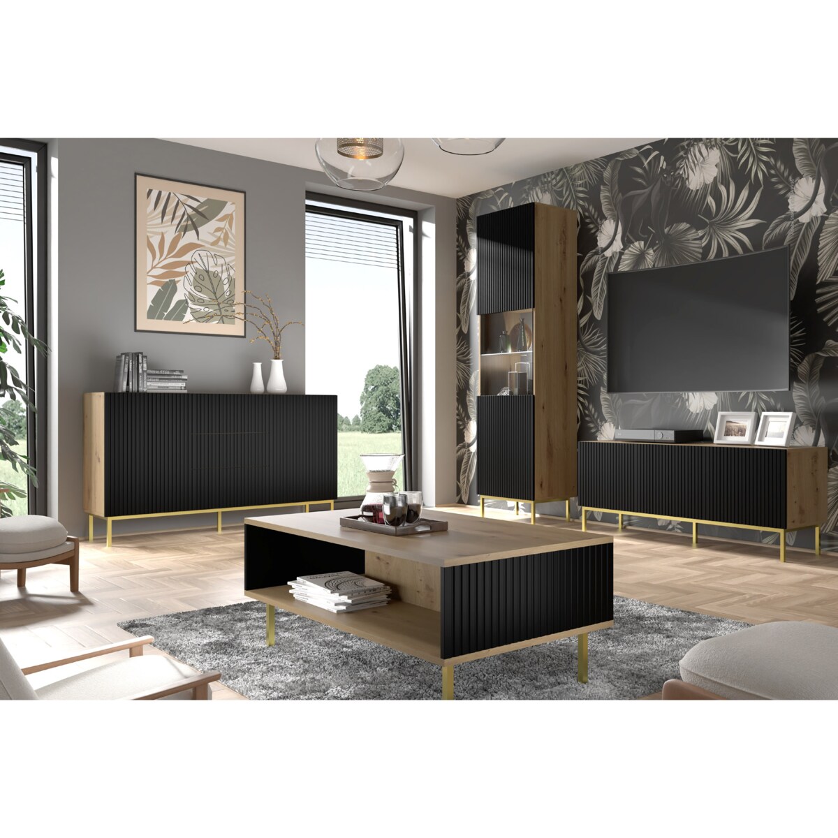 Ravenna B Szafka RTV150 3D frez MDF folia dąb artisan / czarny mat na szpilkach | home&you