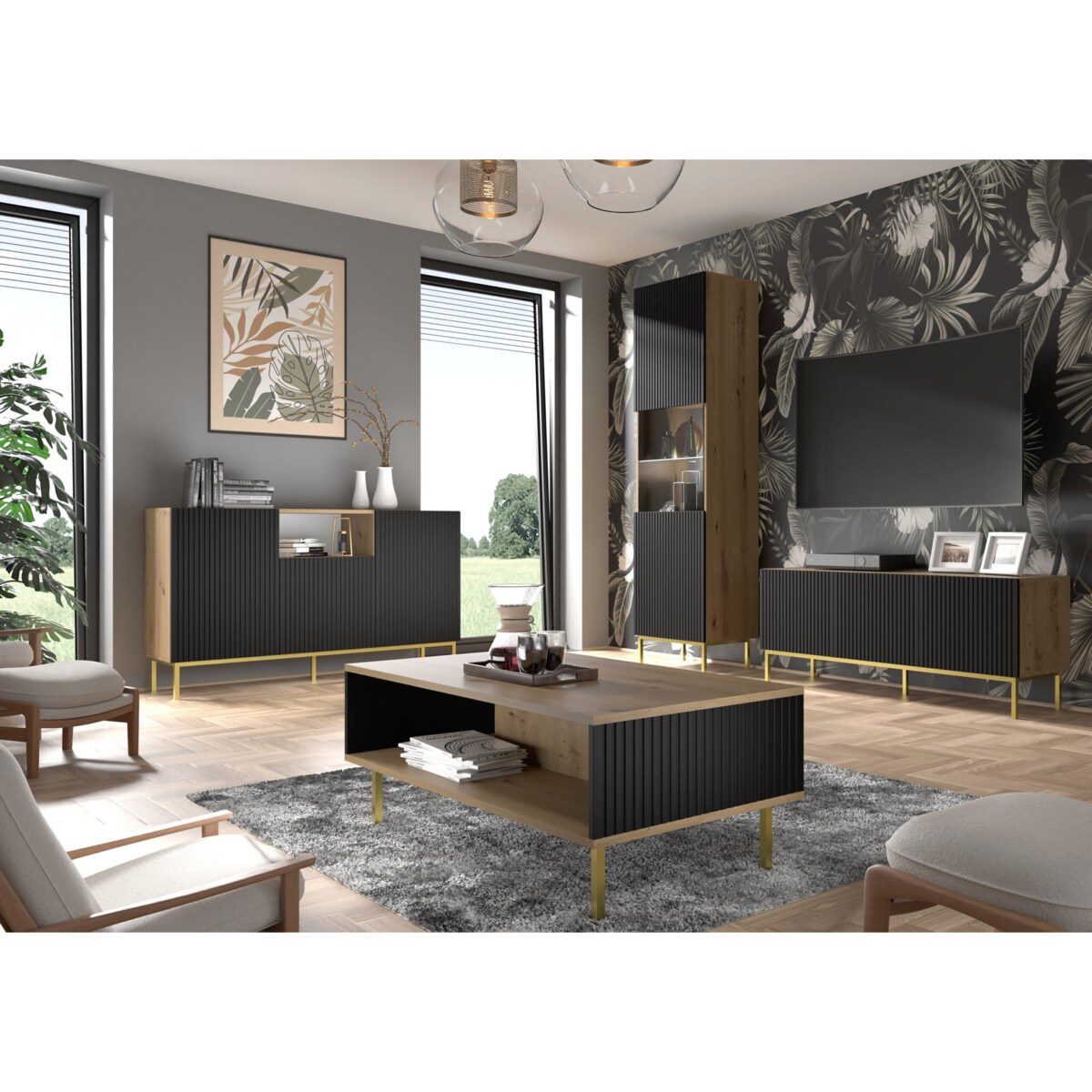 Ravenna B Szafka RTV150 3D frez MDF folia dąb artisan / czarny mat na szpilkach | home&you