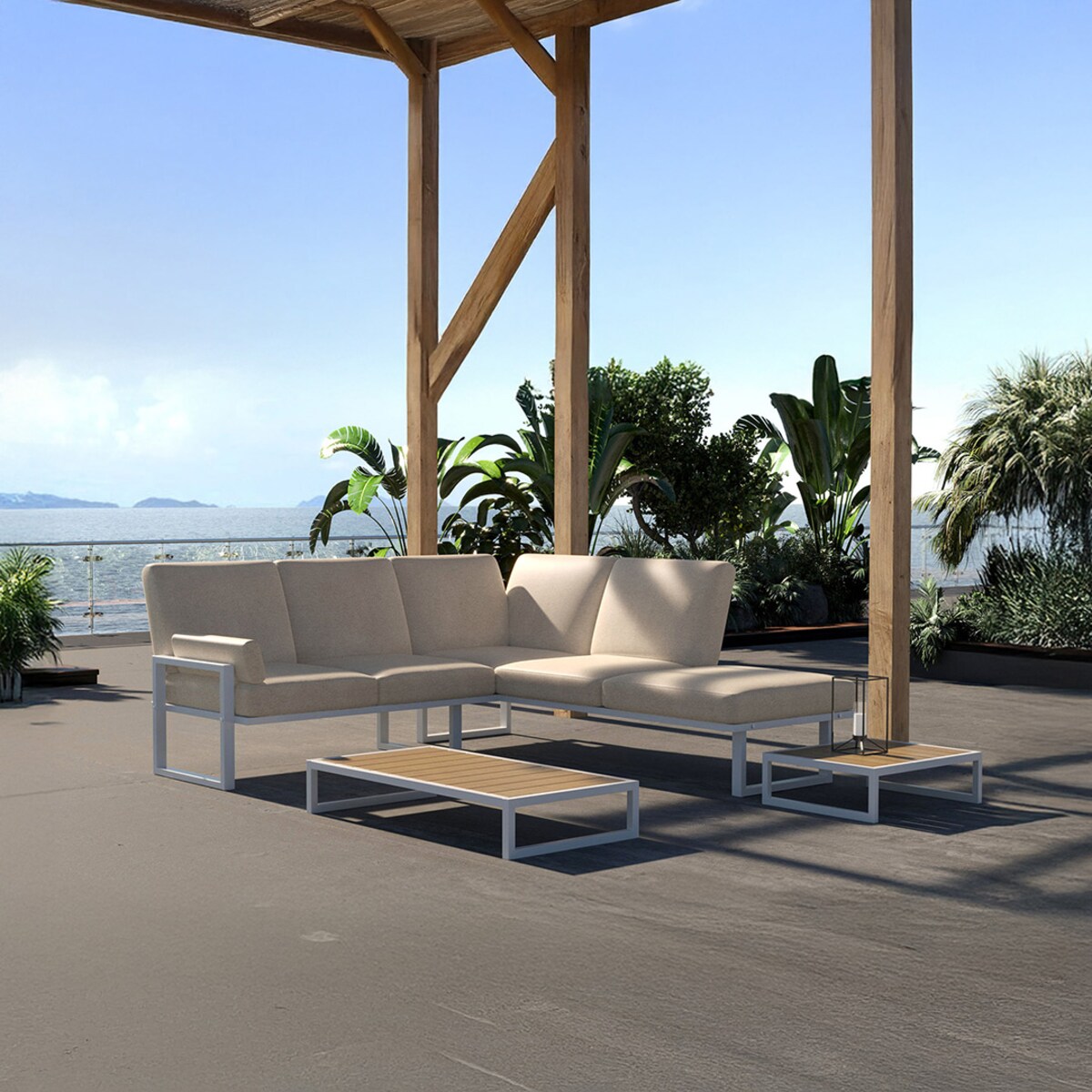 Soledo Canapé panoramique Beige clair - Cadre blanc | home&you
